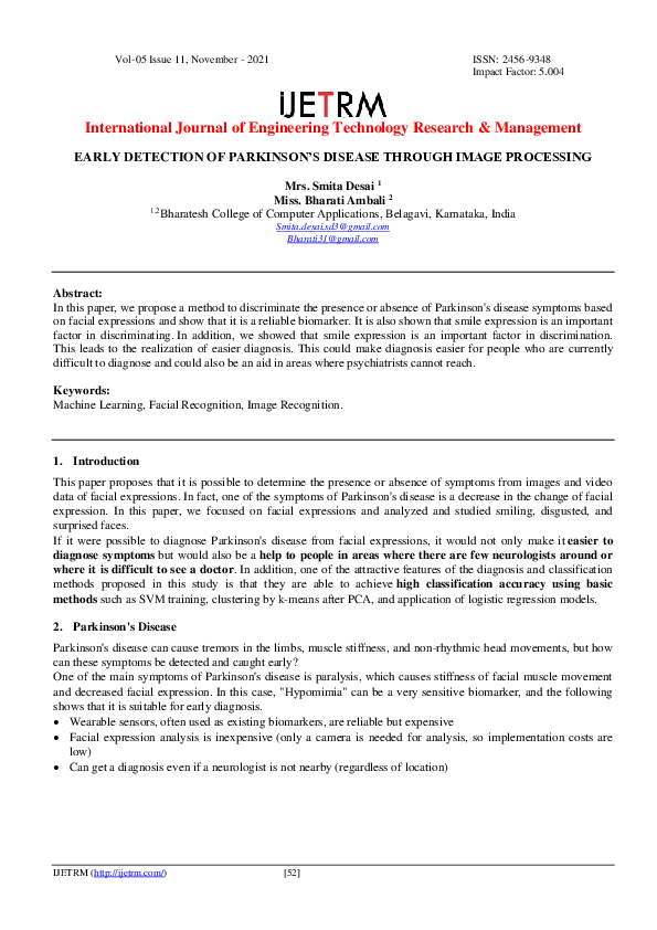 (PDF) EARLY DETECTION OF PARKINSON’S DISEASE THROUGH IMAGE PROCESSING