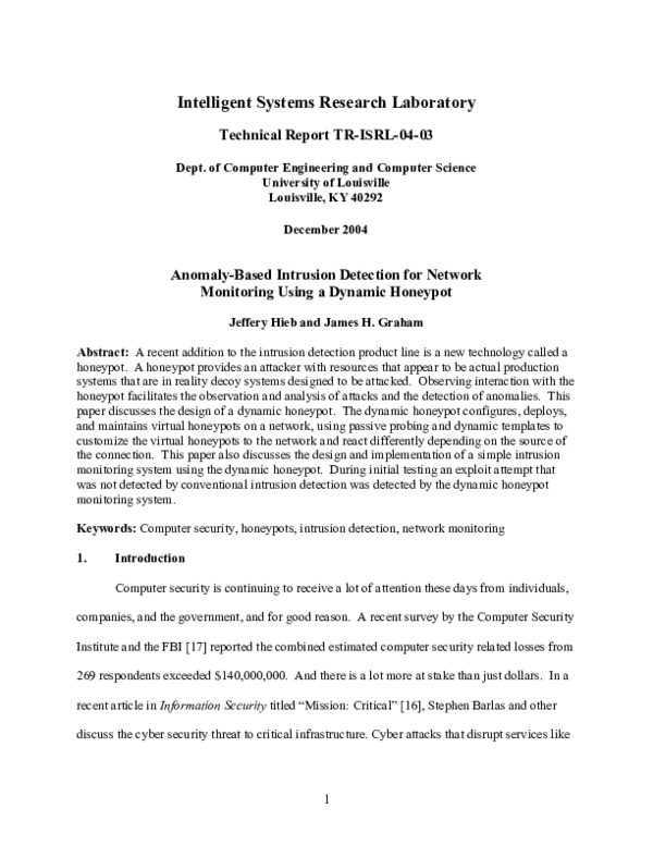 (PDF) Anomaly based intrusion detection for network monitoring using a dynamic honeypot