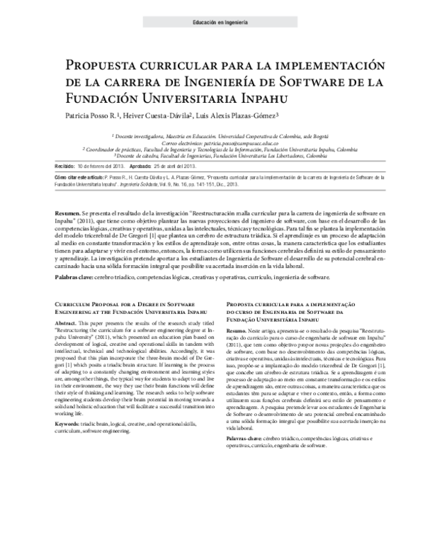 Pdf Propuesta Curricular Para La Implementación De La Carrera De