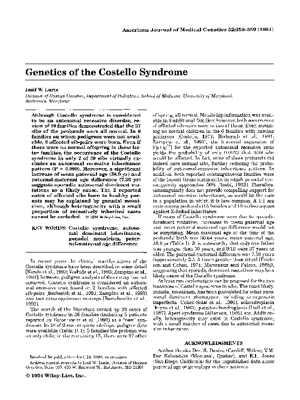 (PDF) Genetics of the Costello syndrome