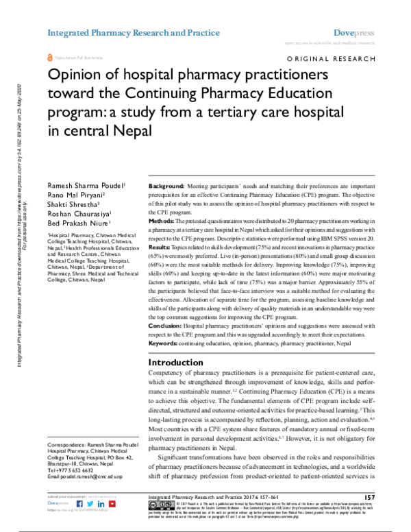 (PDF) Opinion of hospital pharmacy practitioners toward the Continuing Pharmacy Education ...