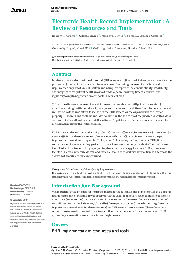 (PDF) Electronic Health Record Implementation: A Review of Resources and Tools