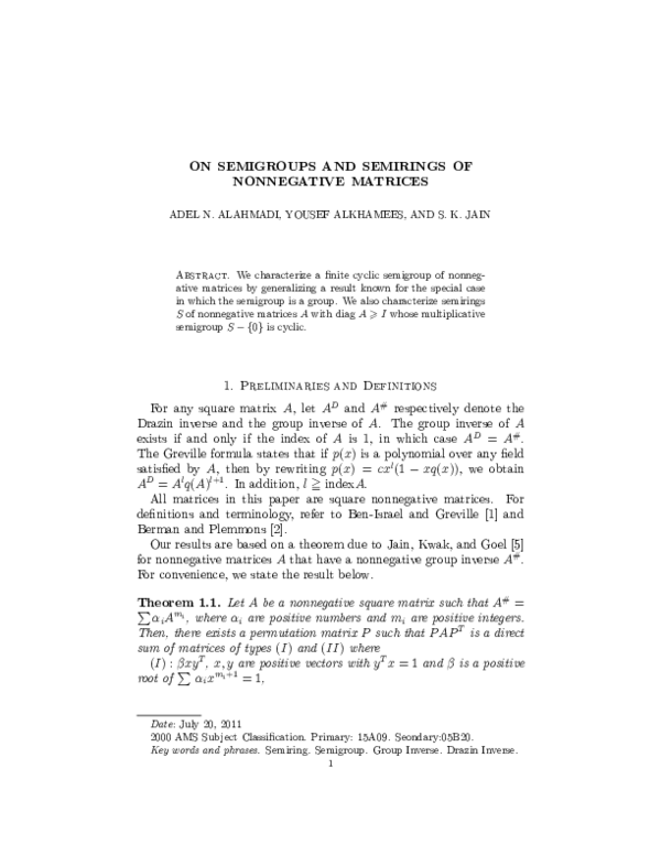 (PDF) On semigroups and semirings of nonnegative matrices