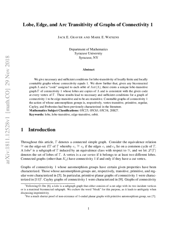 (PDF) Lobe, edge, and arc transitivity of graphs of connectivity 1