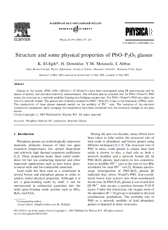 (PDF) Structure and some physical properties of PbO–P 2O 5 glasses