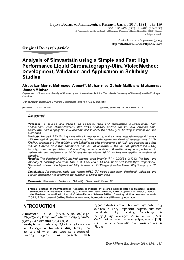 Pdf Analysis Of Simvastatin Using A Simple And Fast High Performance