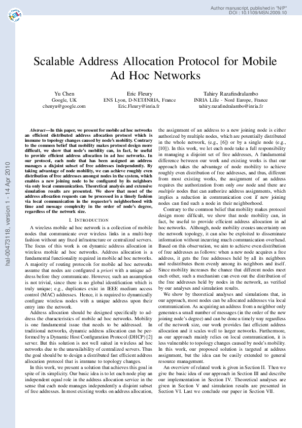 (PDF) Scalable address allocation protocol for mobile ad hoc networks