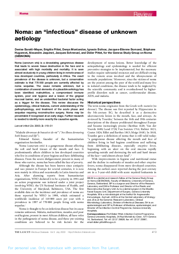 (PDF) Noma: an infectious disease of unknown aetiology