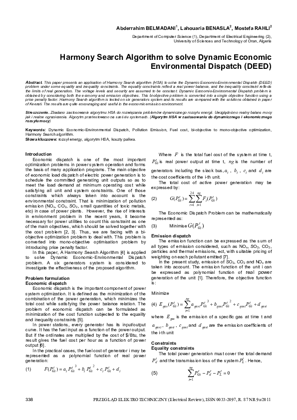 (PDF) Harmony Search Algorithm to solve Dynamic Economic Environmental Dispatch (DEED)