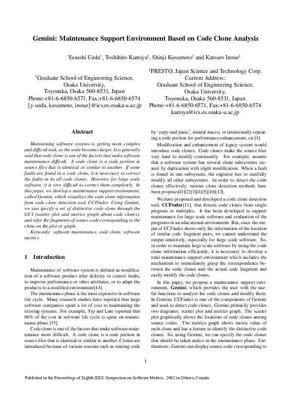 (PDF) Gemini: Maintenance support environment based on code clone analysis