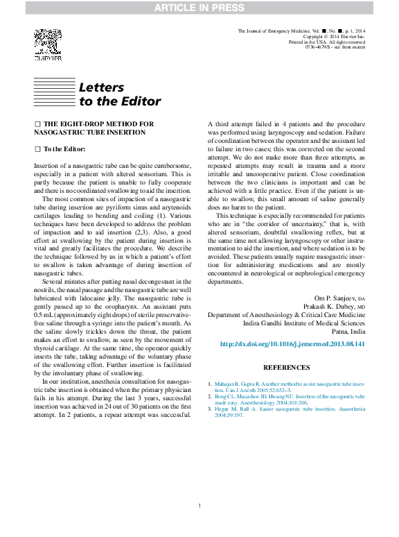(PDF) The Eight-drop Method for Nasogastric Tube Insertion