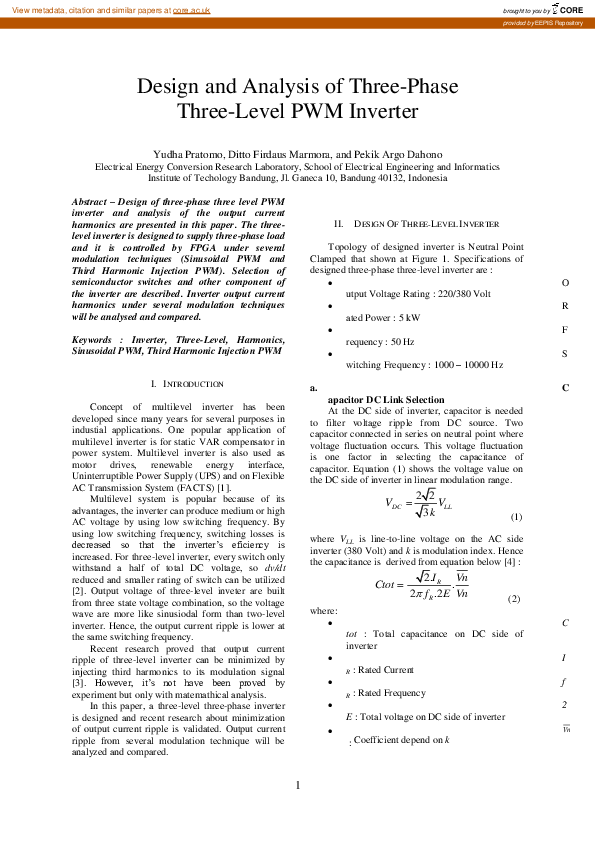 (PDF) Design and Analysis of Three-Phase Three-Level PWM Inverter