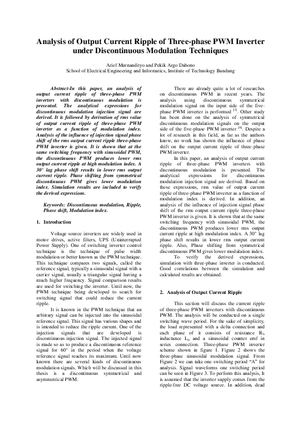 Pdf Analysis Of Output Current Ripple Of Three Phase Pwm Inverter Under Discontinuous