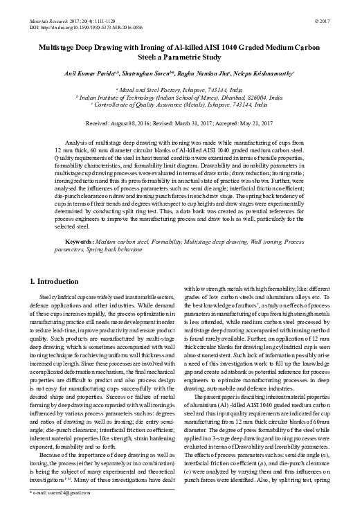 (PDF) Multistage Deep Drawing with Ironing of Al-killed AISI 1040 ...