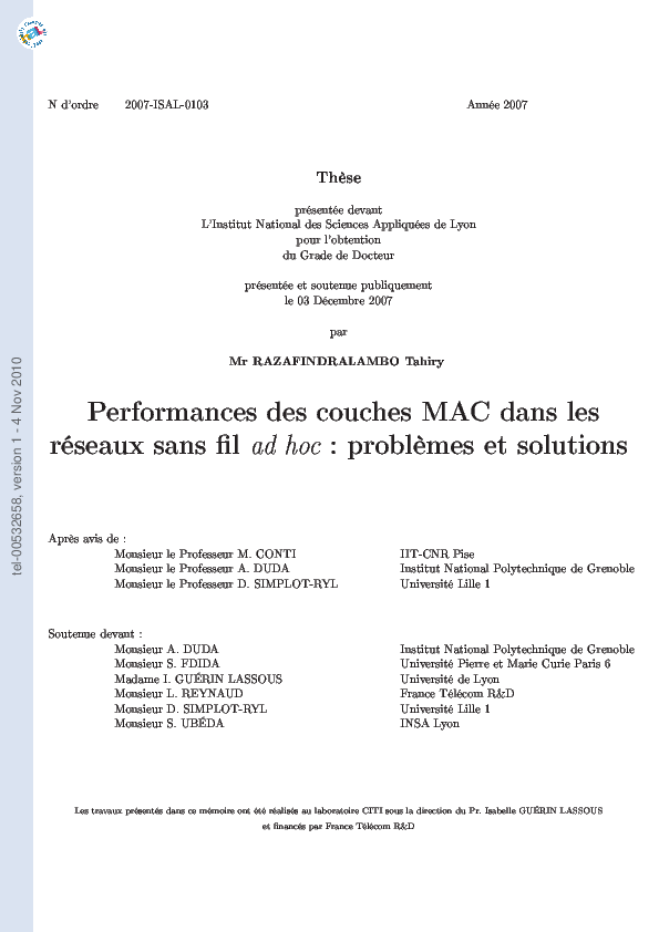 (PDF) Performances des couches MAC dans les réseaux sans fil ad hoc ...