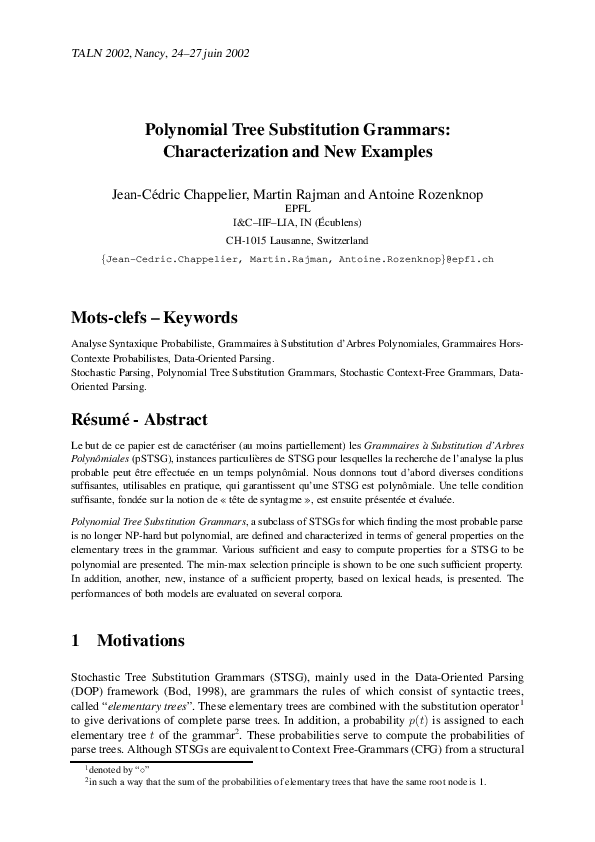 Pdf Polynomial Tree Substitution Grammars Characterization And New Examples Martin Rajman