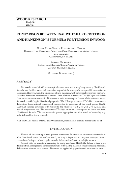 (PDF) Comparison Between Tsai-Wu Failure Criterion and Hankinson's ...
