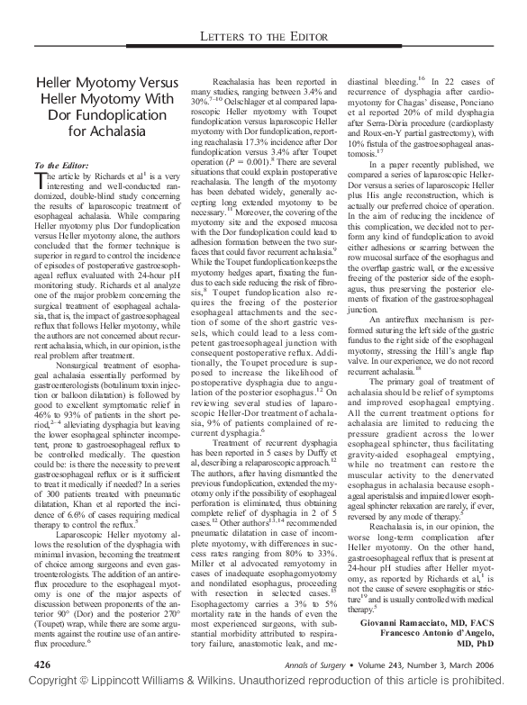 (PDF) Heller Myotomy Versus Heller Myotomy With Dor Fundoplication for ...