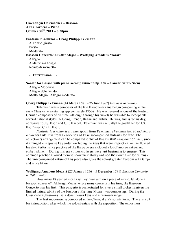 (DOC) Program Notes; Telemann, Mozart, Saint-Saens