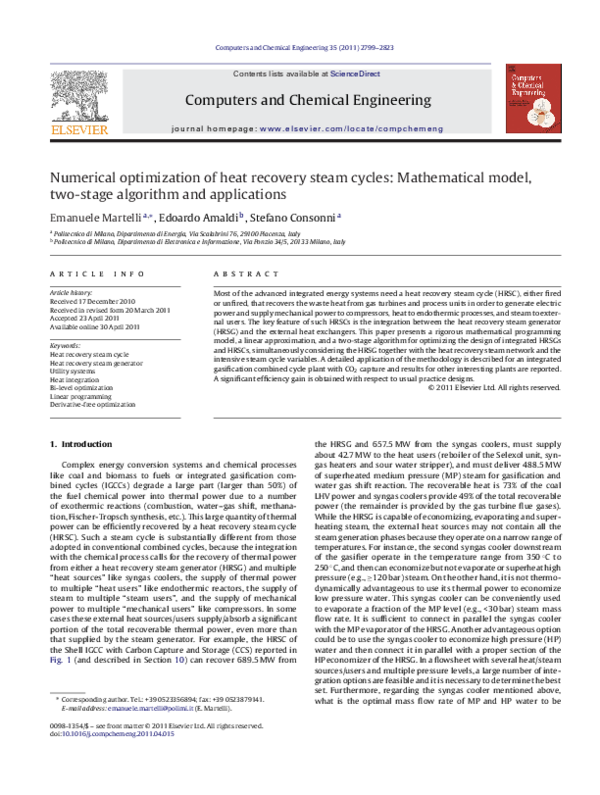 (PDF) Numerical optimization of heat recovery steam cycles: Mathematical model, two-stage ...