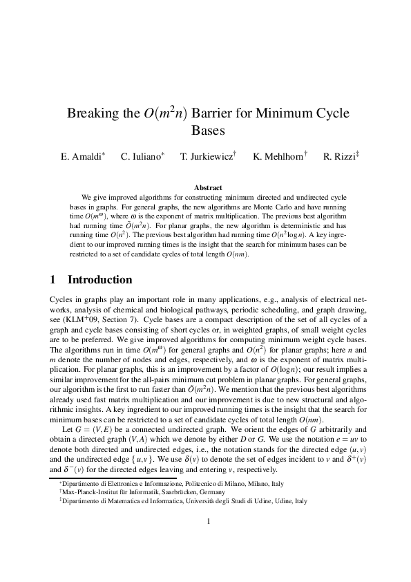 (PDF) Breaking the O(m 2 n) barrier for minimum cycle bases | Edoardo Amaldi - Academia.edu