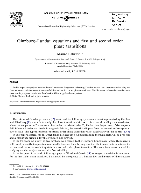 (PDF) Ginzburg–Landau equations and first and second order phase ...