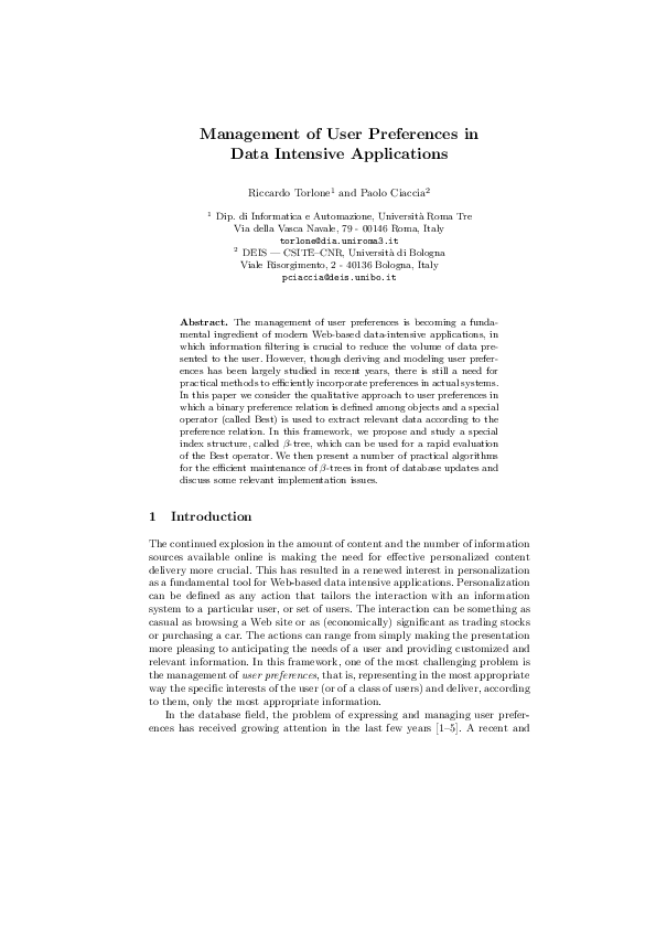 Pdf Management Of User Preferences In Data Intensive Applications