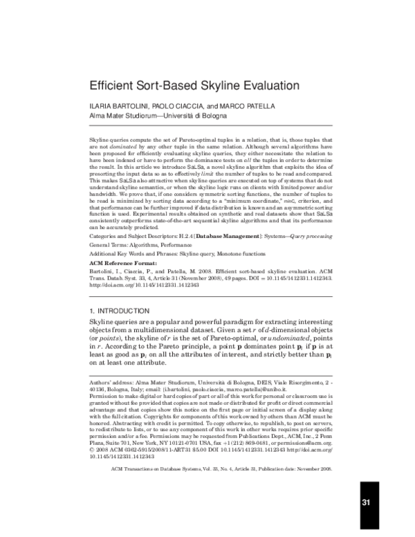 Pdf Efficient Sort Based Skyline Evaluation