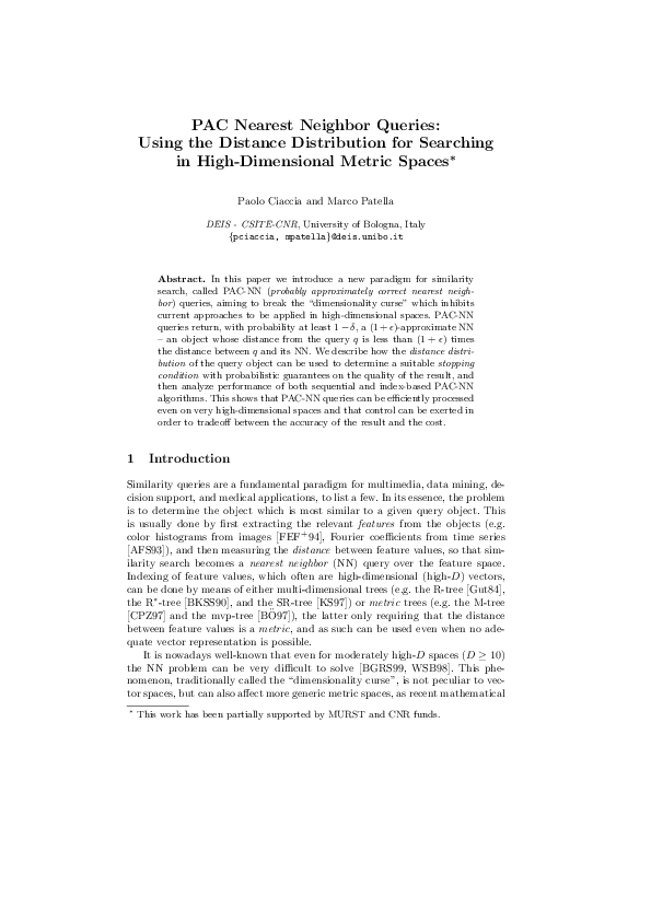 (PDF) Pac nearest neighbor queries: Using the distance distribution for searching in high ...