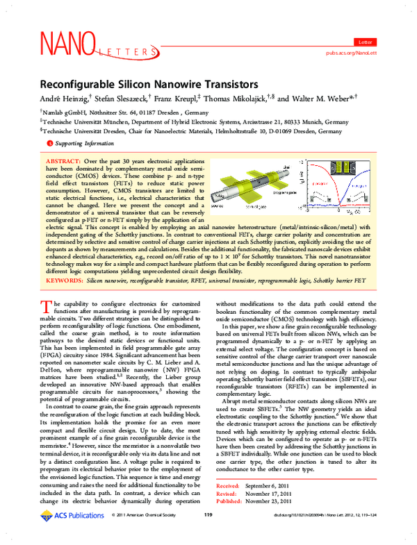 Pdf Reconfigurable Nanowire Transistors For Logic