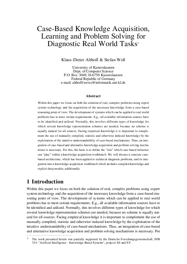 (PDF) Case-based knowledge acquisition, learning and problem solving for diagnostic real world tasks