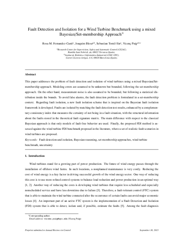 Pdf Fault Detection And Isolation For A Wind Turbine Benchmark Using A Mixed Bayesian Set