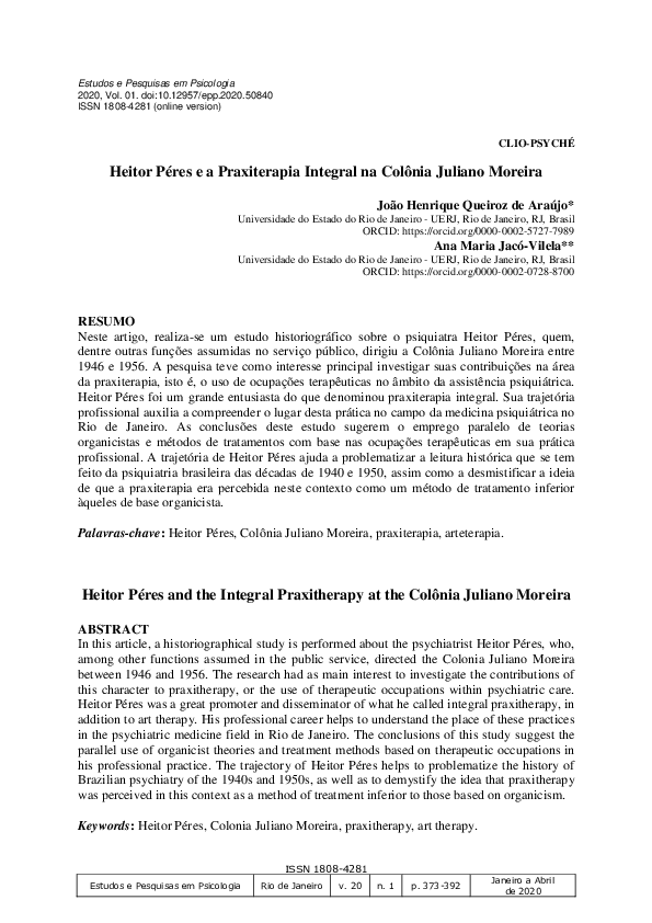 (PDF) Heitor Péres e a Praxiterapia Integral na Colônia Juliano Moreira ...