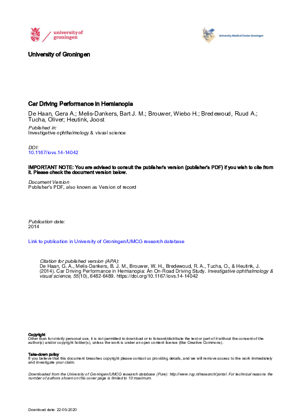(PDF) Car Driving Performance in Hemianopia: An On-Road Driving Study