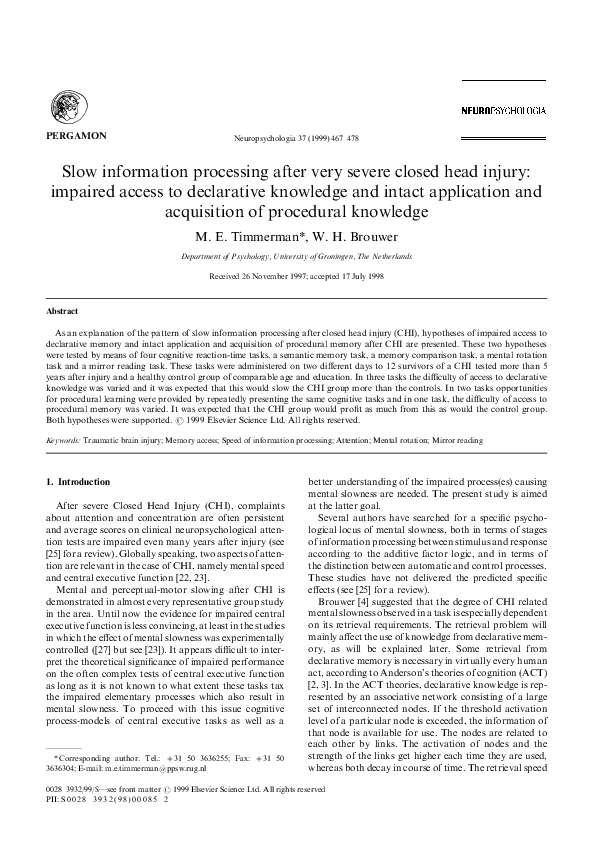(PDF) Slow information processing after very severe closed head injury ...