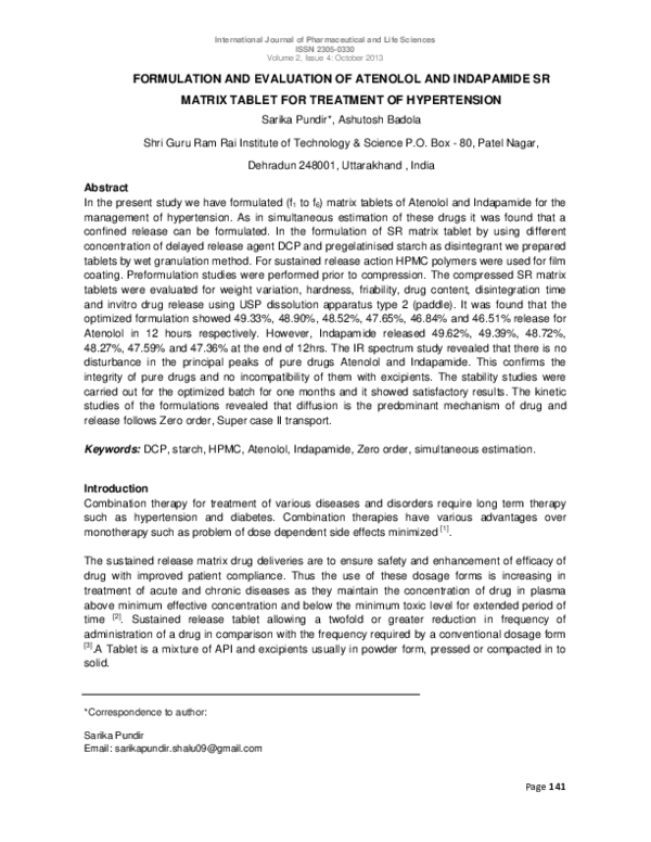 (PDF) Formulation and Evaluation of Atenolol and Indapamide SR Matrix ...