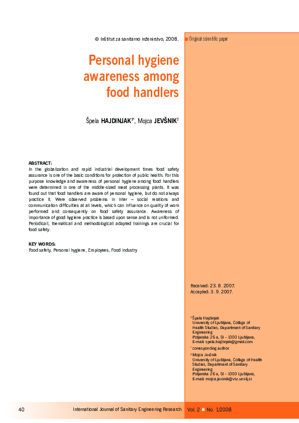 (PDF) Personal hygiene awareness among food handlers