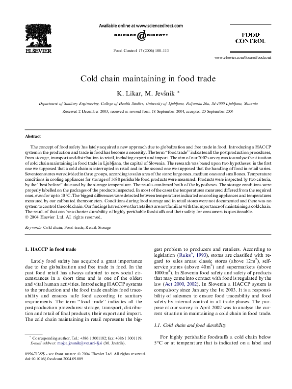 (PDF) Cold chain maintaining in food trade