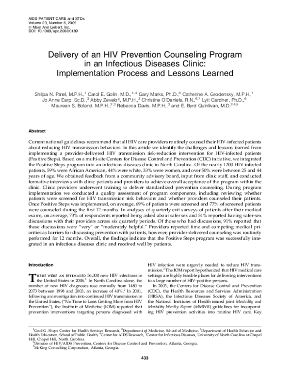 (PDF) Delivery of an HIV Prevention Counseling Program in an Infectious ...