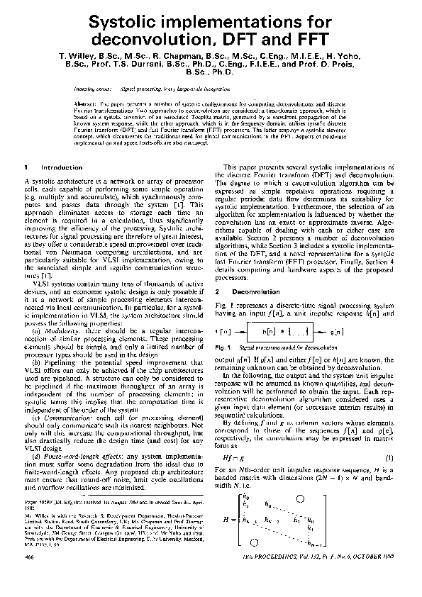 (PDF) Systolic implementations for deconvolution, DFT and FFT