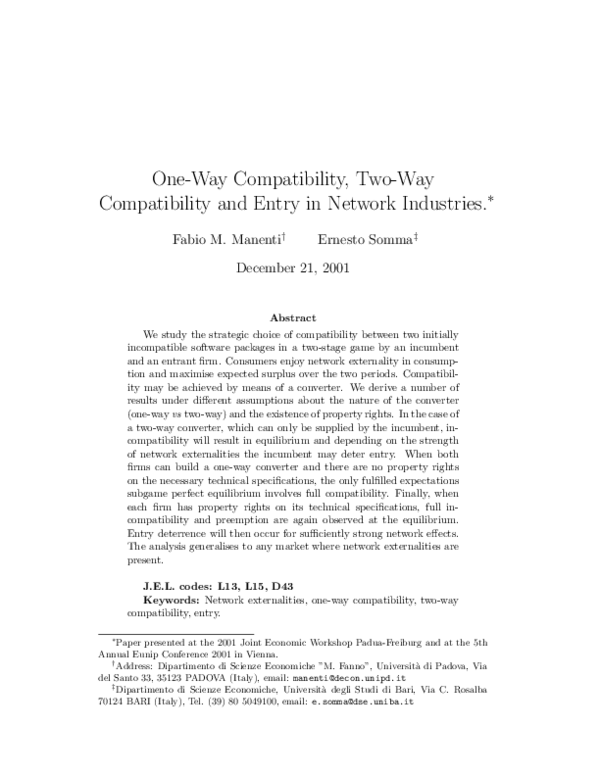 (PDF) One‐way compatibility, two‐way compatibility and entry in network ...