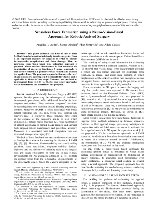 Pdf Sensorless Force Estimation Using A Neuro Vision Based Approach For Robotic Assisted