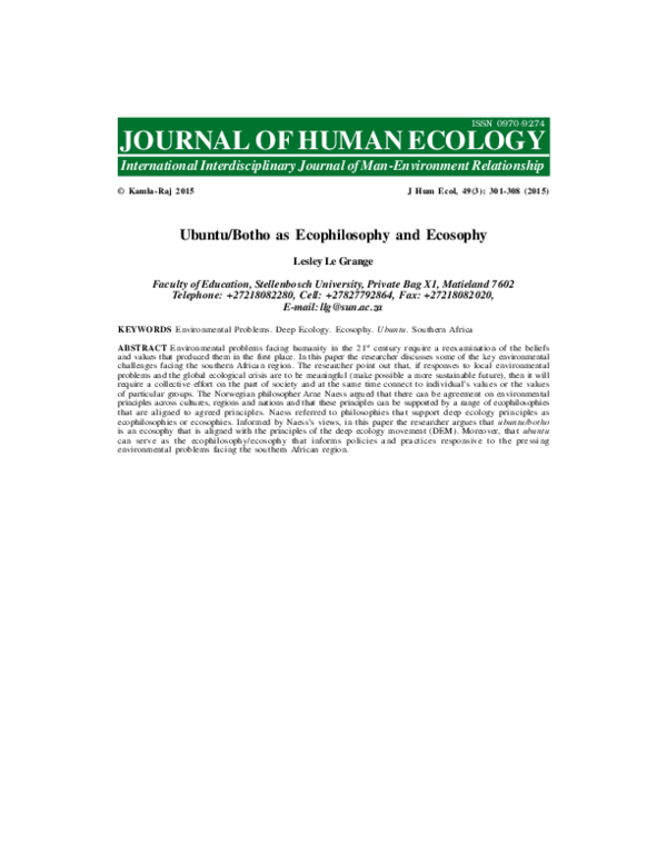 (PDF) Ubuntu/Botho as Ecophilosophy and Ecosophy