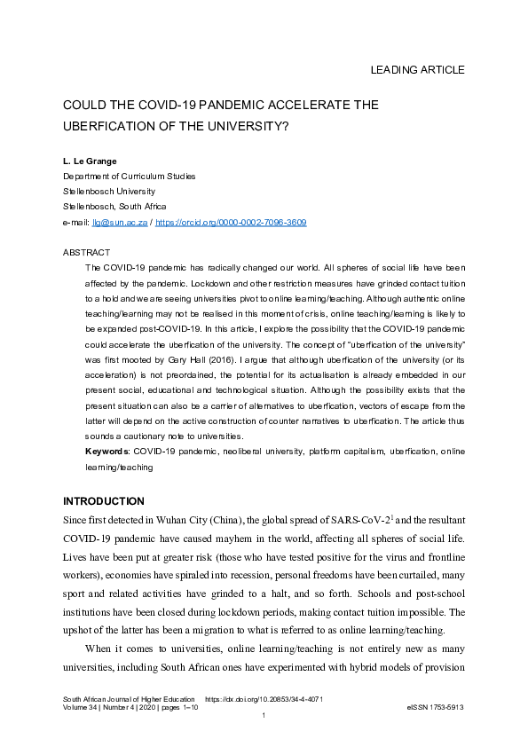 (PDF) Could the Covid-19 pandemic accelerate the uberfication of the ...