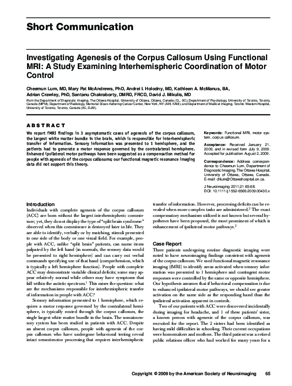(PDF) Investigating Agenesis of the Corpus Callosum Using Functional ...
