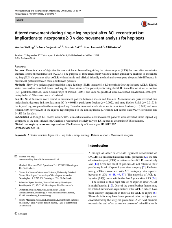 (PDF) Altered movement during single leg hop test after ACL ...