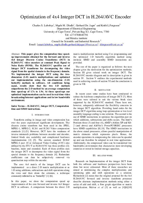 (PDF) Optimization of 4x4 Integer DCT in H.264/AVC Encoder