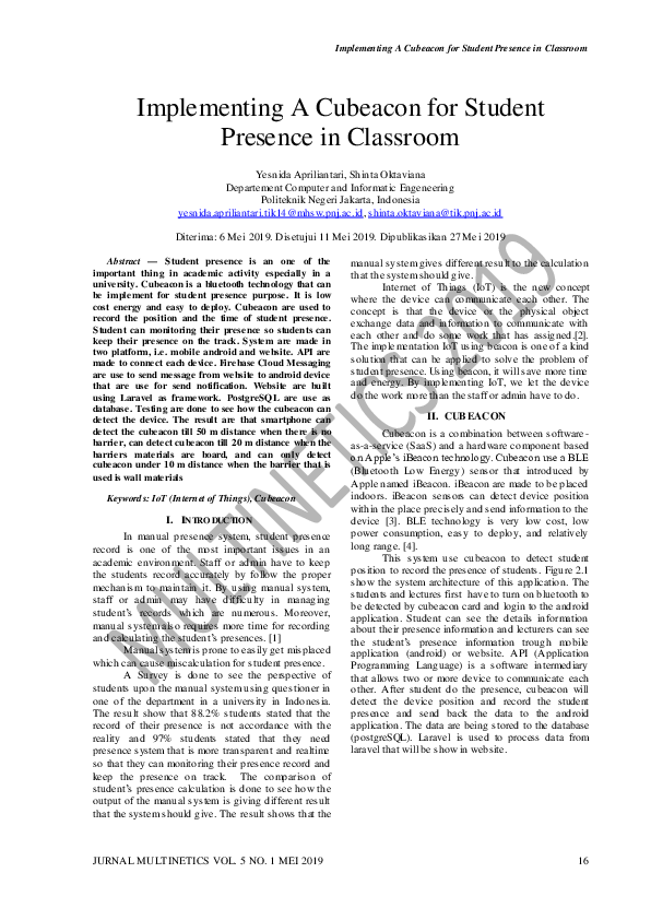 (PDF) Implementing A Cubeacon for Student Presence in Classroom
