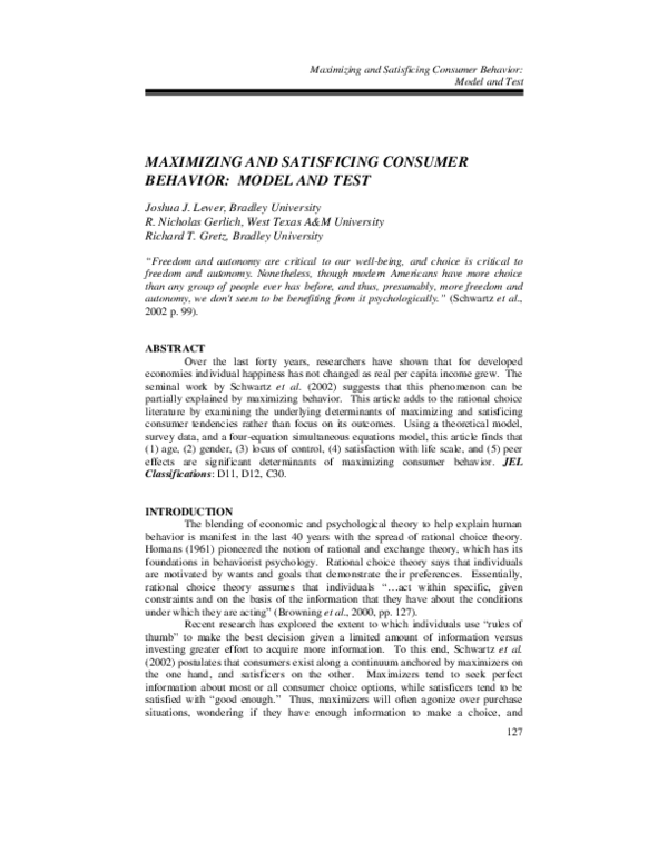 (PDF) Maximizing and satisficing consumer behavior: Model and test