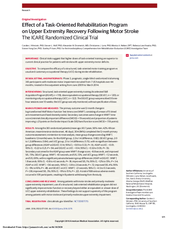 Pdf Effect Of A Task Oriented Rehabilitation Program On Upper